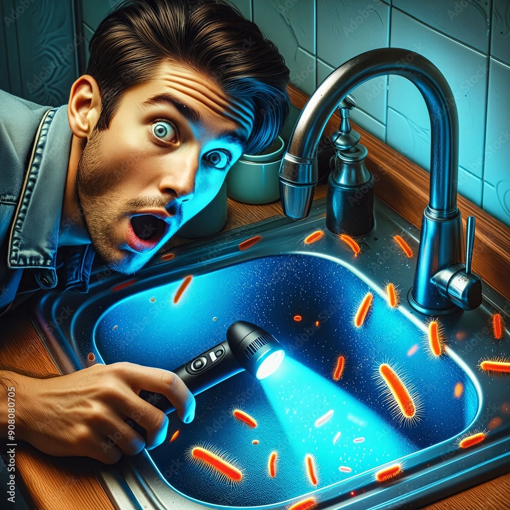 Germs and microbes in a kitchen sink, made visible using a special UV ...