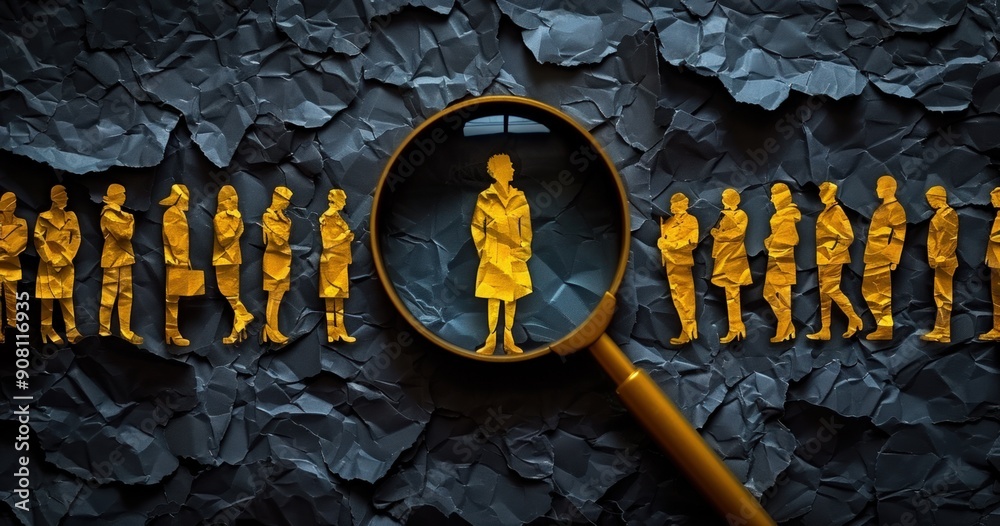 A magnifying glass is placed on an icon of one person among many to ...