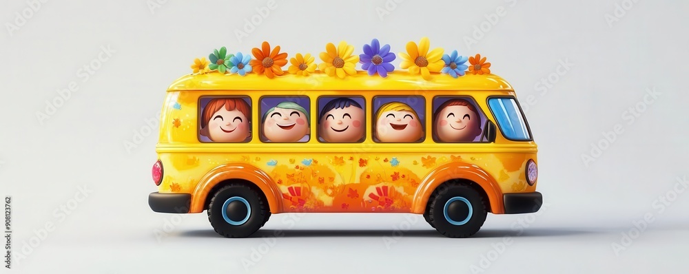 Cute cartoon school bus with smiling faces, childrens illustration ...