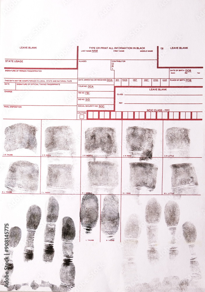 Fingerprint card, registration of criminals during arrest, forensic ...