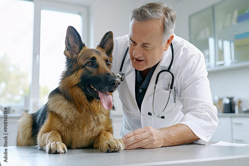 Veterinarian examining a German Shepherd dog in a clinic. Animal ...