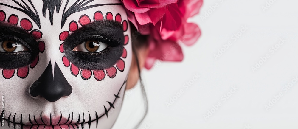 Celebrating day of the dead, a woman with calaca makeup wears a vibrant ...
