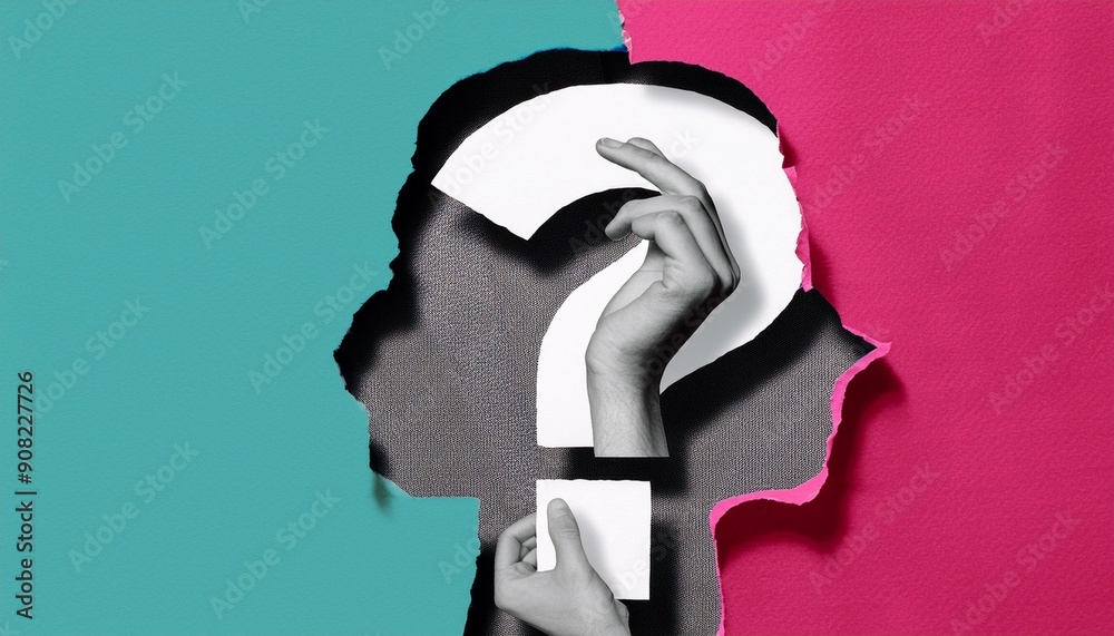 Modern collage with pointing hand and question mark. Paper cutout. Torn ...