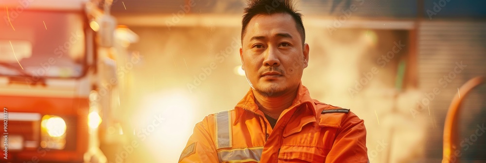 Asian male rescue worker in orange uniform standing confidently with ...