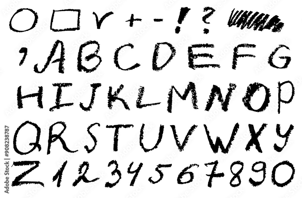 Cartoon textured oil pastel Latin alphabet with numbers and signs ...