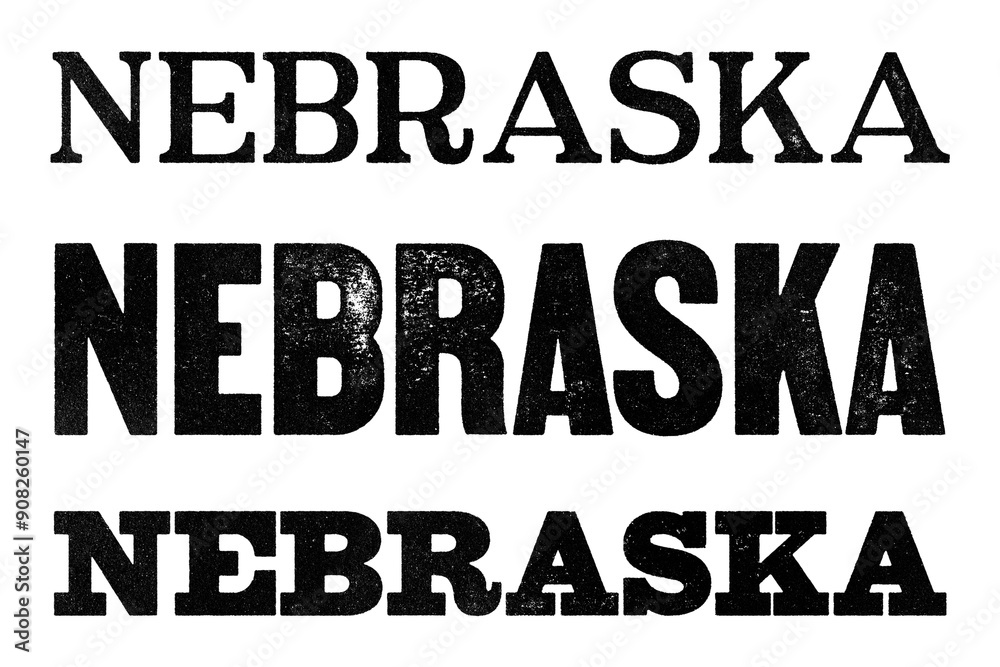 Nebraska state name written in distressed vintage serif, sans serif and ...