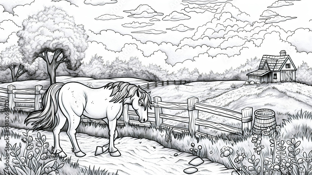 Coloring book page of a beautiful and cute horse animal in countryside ...