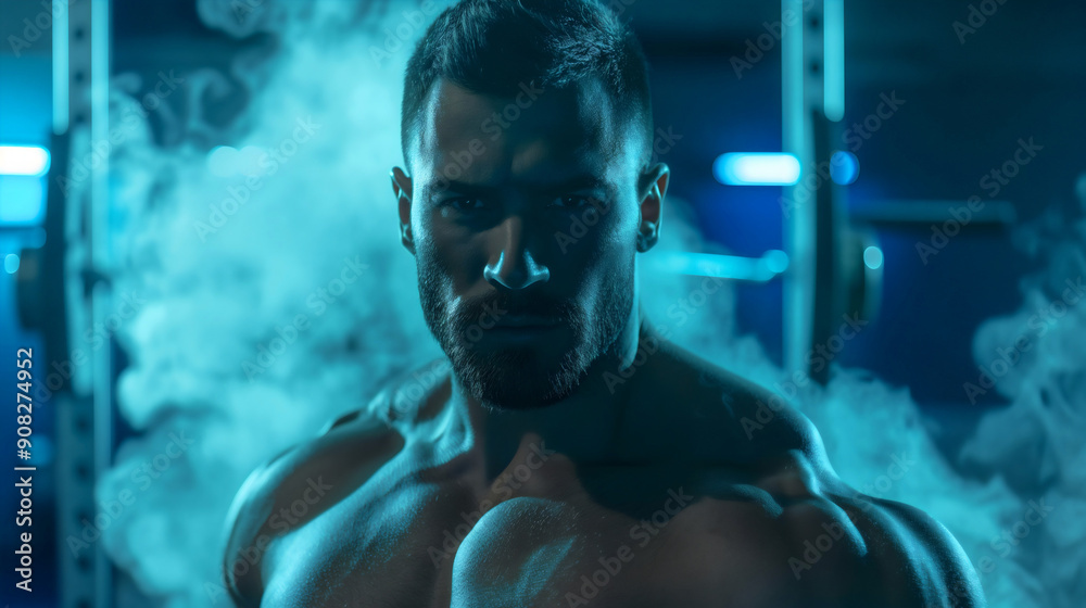 Handsome young male fitness model standing in dark gym room with smoke ...