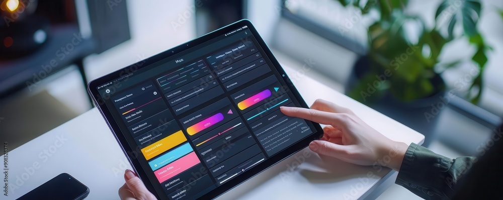 A stylish tablet user interface for a streaming service, person ...