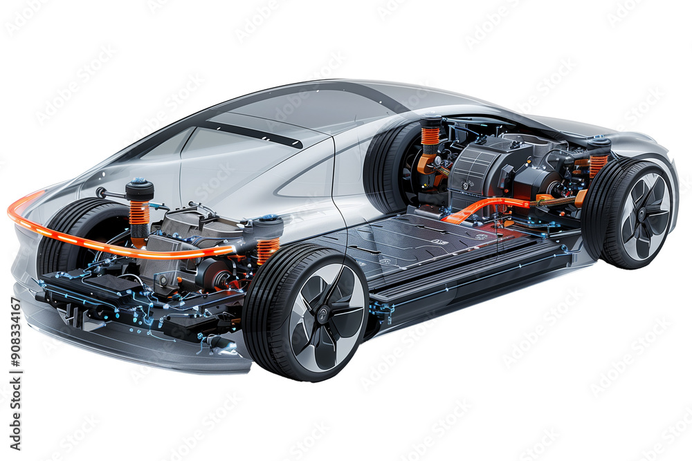 Technical electric car with EV system isolated on transparent ...