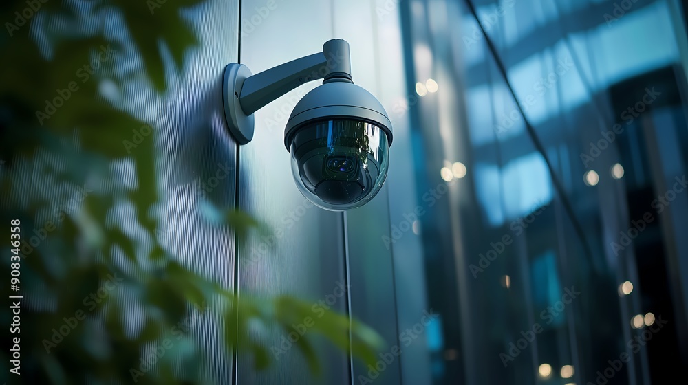 A security CCTV camera mounted on a large industrial building. The ...