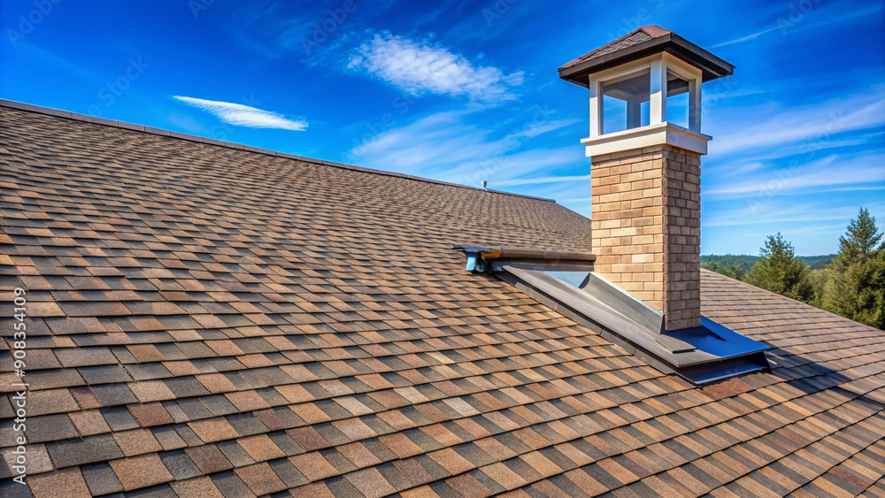 Newly installed asphalt shingle rooftop with flashing around chimney ...