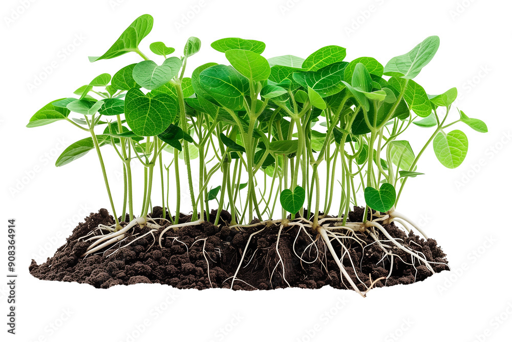 Green soybean plant growing well with roots in soil isolated on ...