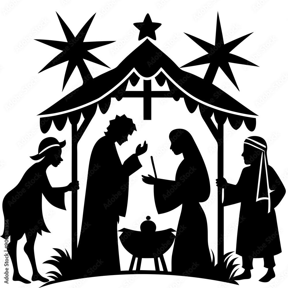 Nativity scene silhouette Jesus in manger, shepherd and wise men ...