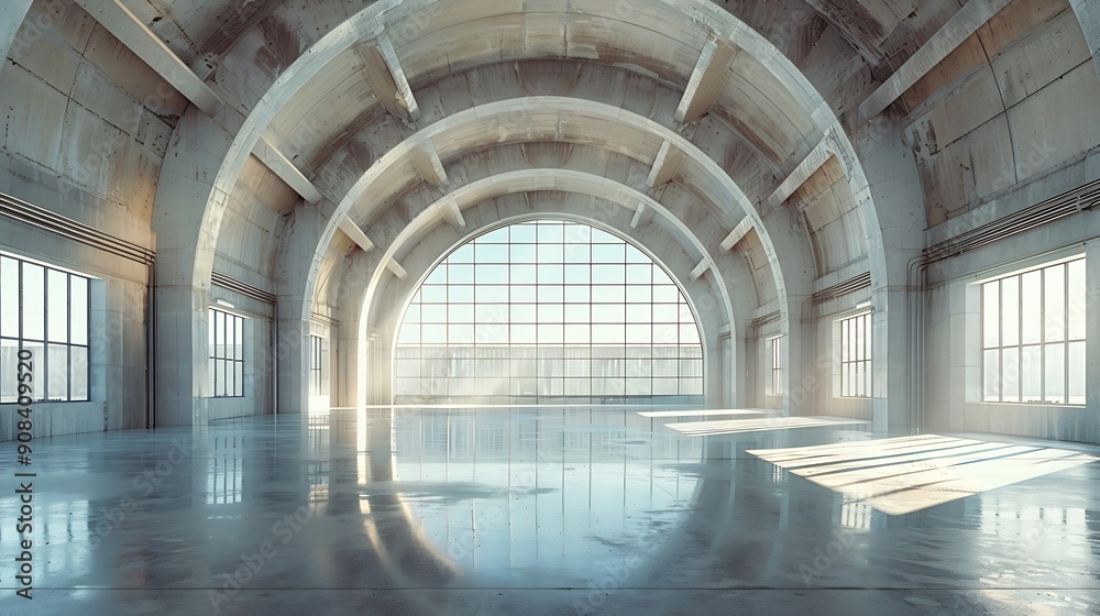 Huge empty industrial warehouse building White interior Hemispherical ...