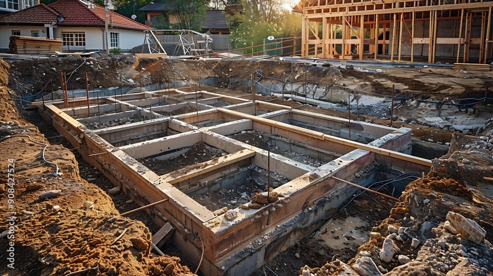 Construction site with concrete foundation and drainage system being ...