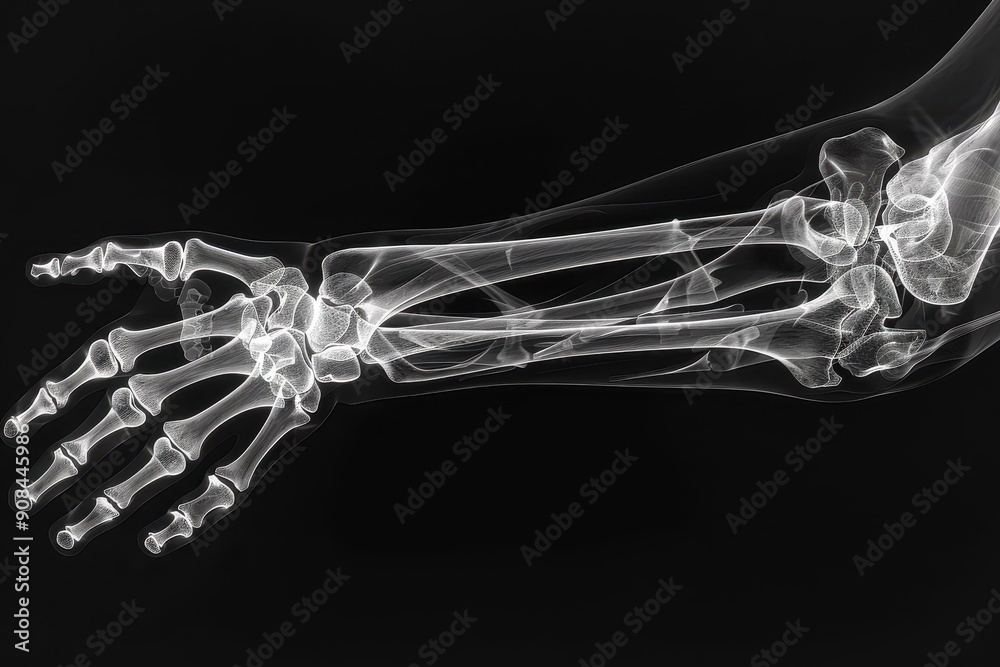 X-ray shows a bone fracture and internal fixation devices. Stock ...