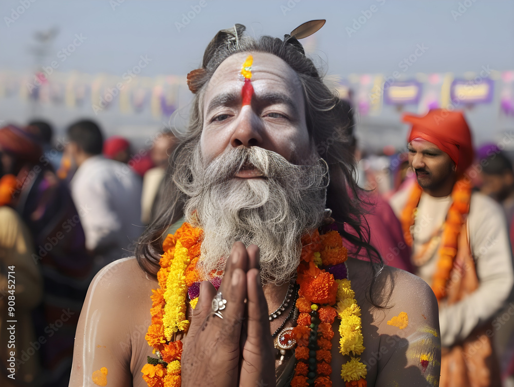A Hindu devotee wearing traditional clothes stands in a crowd at the ...