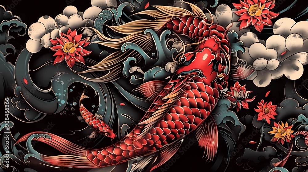 Japanese style tattoo design of hannya mask and red koi fish, clouds ...