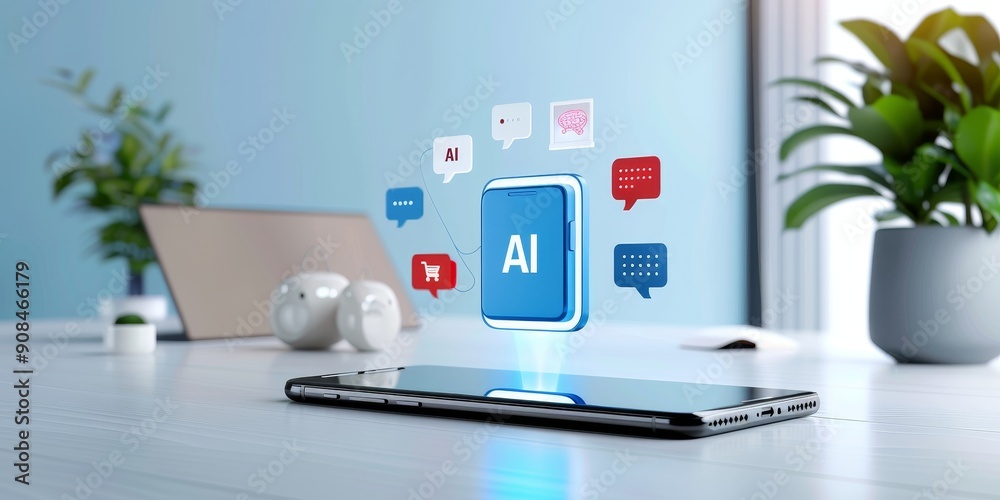 A blue Chatbot icon with "AI" text floating above an open Smartphone ...
