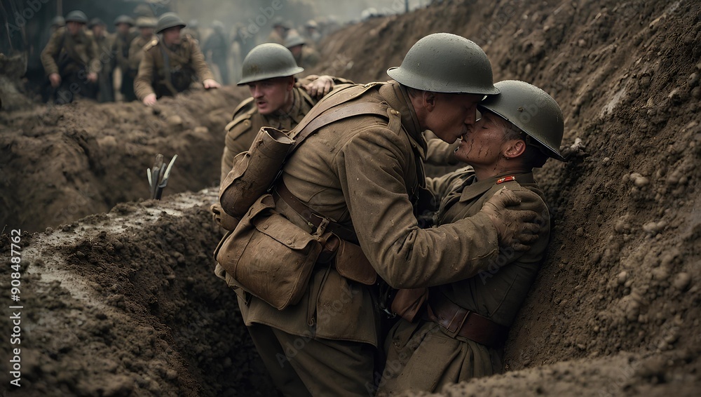 Two young soliders male kissing while battle is close, drama emotions ...