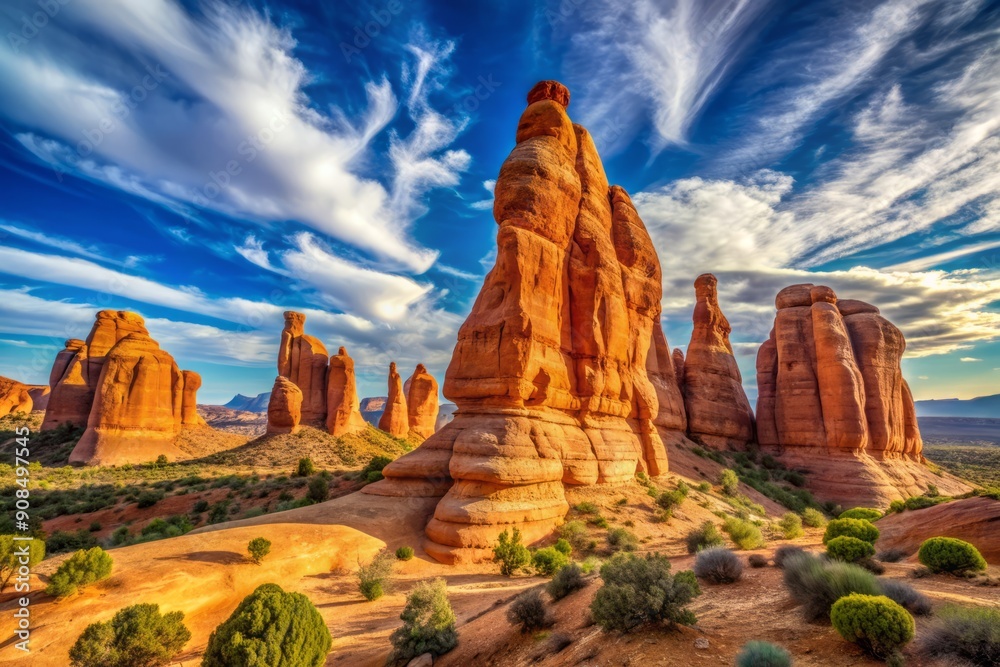 Tower-like sandstone formations, worn by erosion, stand sentinel amidst ...