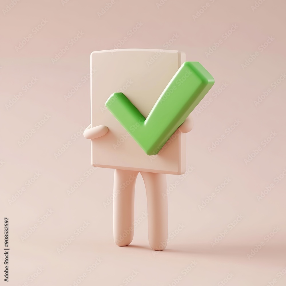 3D Cartoon Person Standing Next to Green Check Mark on White Background ...