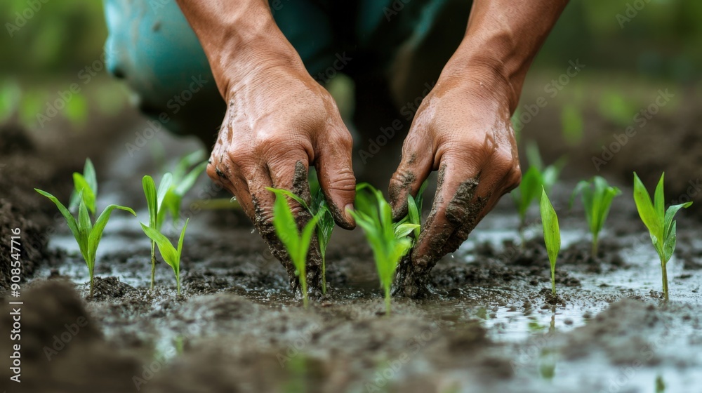 Traditional Rice Farming: Close-up of Hands Planting Seedlings in Wet ...
