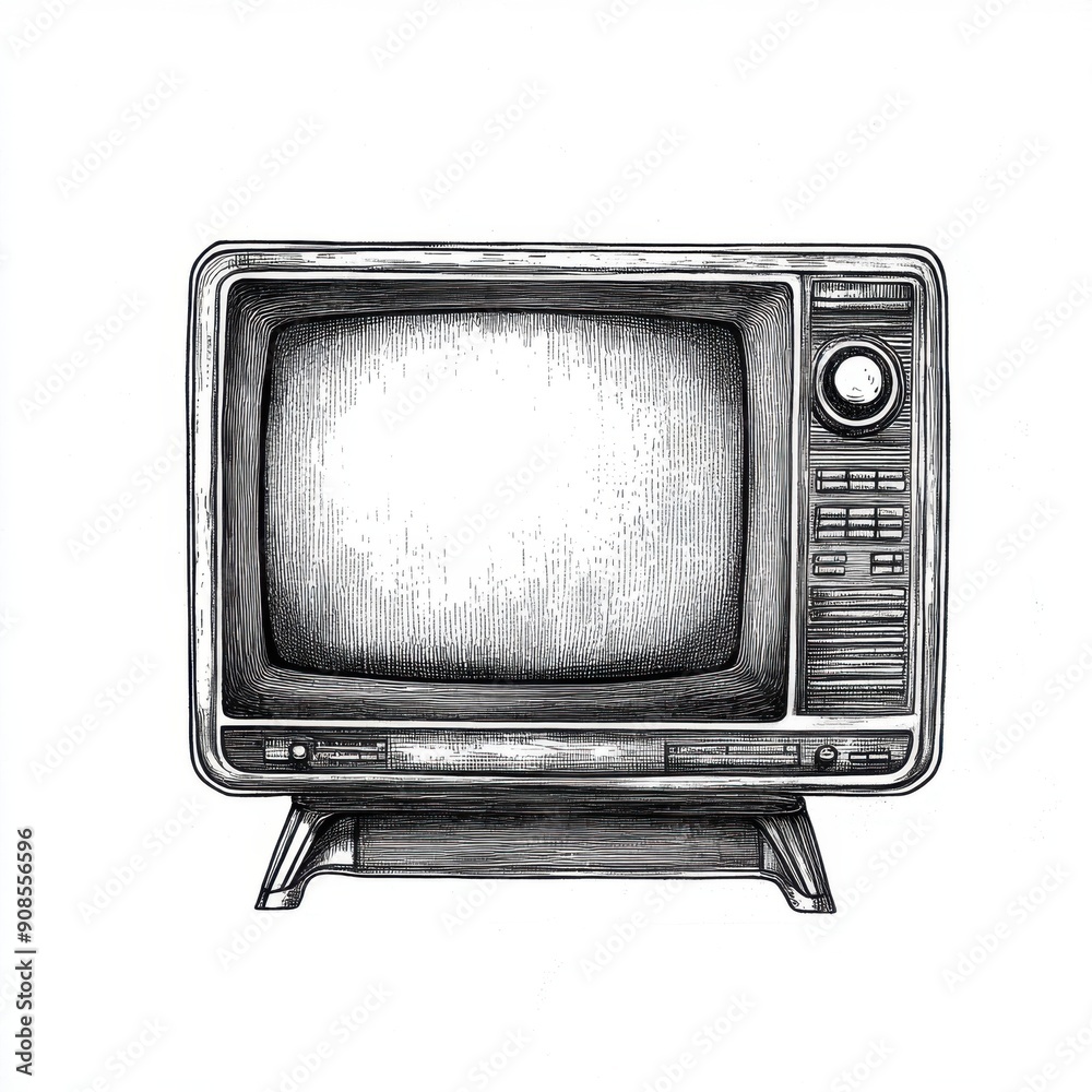 Black and white Vintage engraved art of a flat-screen television ...