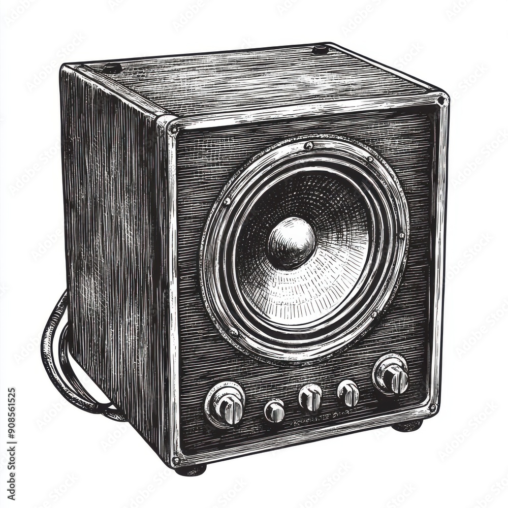 Black and white Vintage engraved art of a portable speaker isolated on ...
