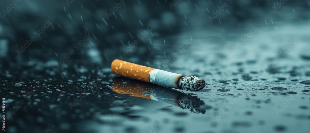 Highresolution image of a discarded cigarette on a wet pavement, with ...