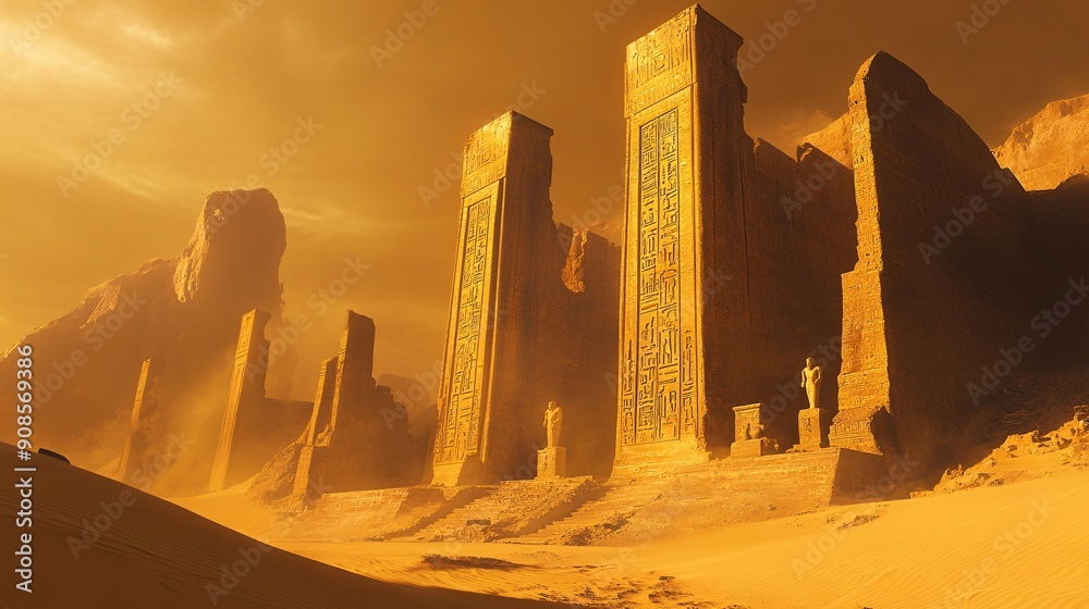 An awe-inspiring scene of ancient ruins located in a vast desert, with ...