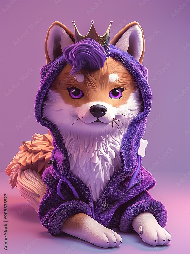 Foto de Stock Cute Shiba Inu in a purple costume wearing crown on head ...