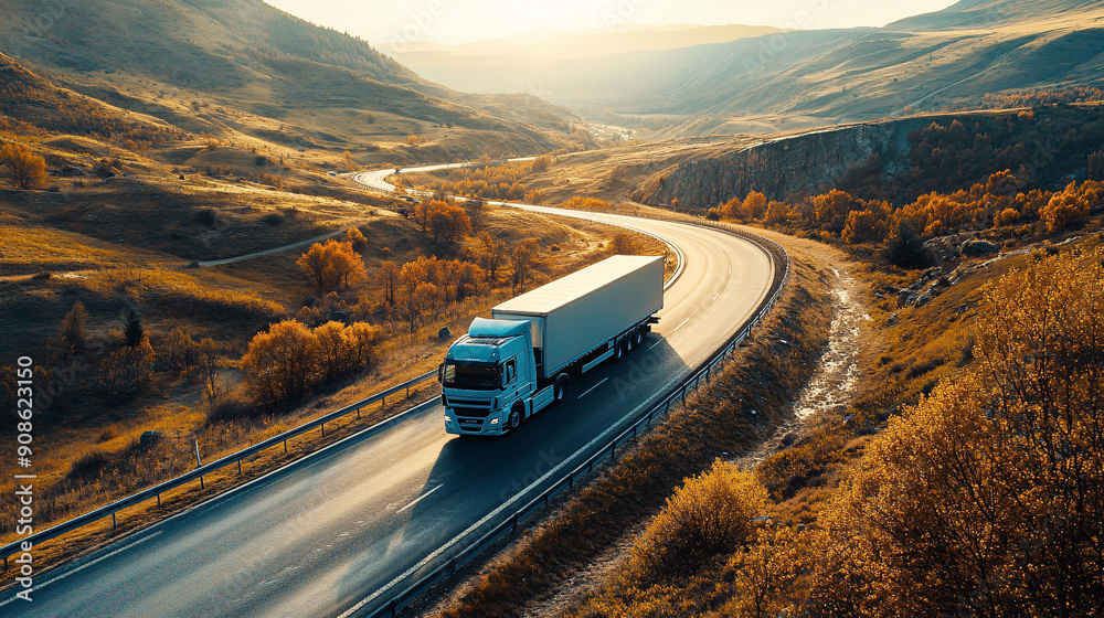 Photography of a professional truck driver navigating a scenic highway ...