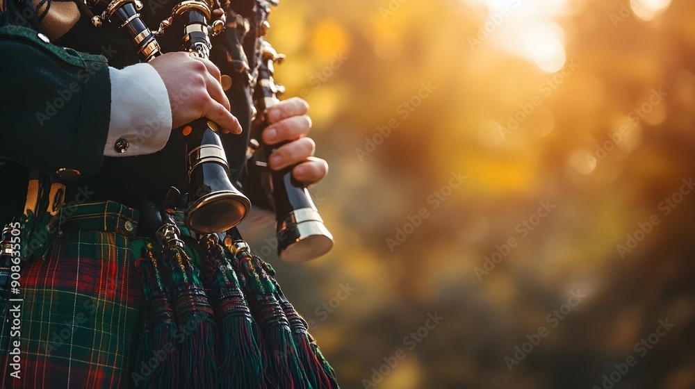 Close-up back view of a bagpiper playing, detailed bagpipes and bag ...