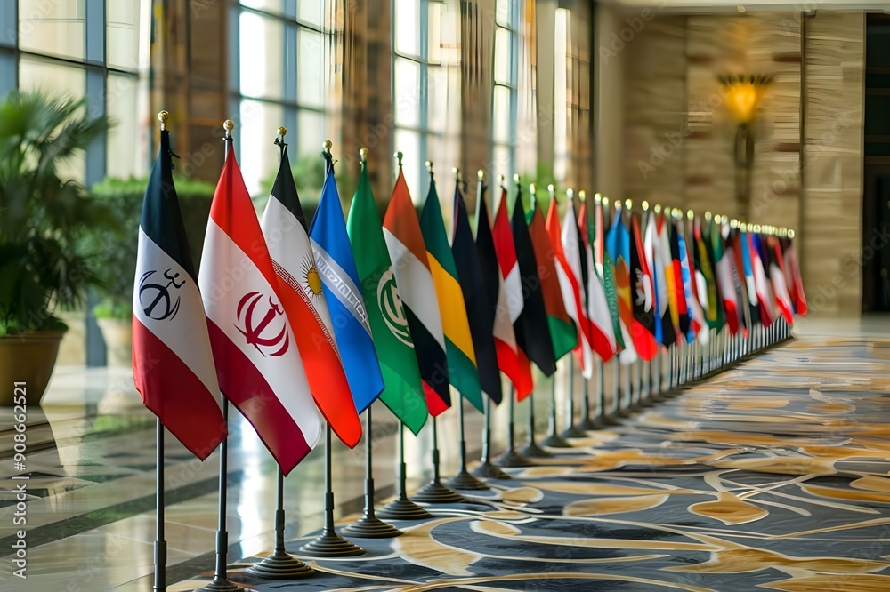 Many world flags flying in a row outside of expo center waving on blue ...