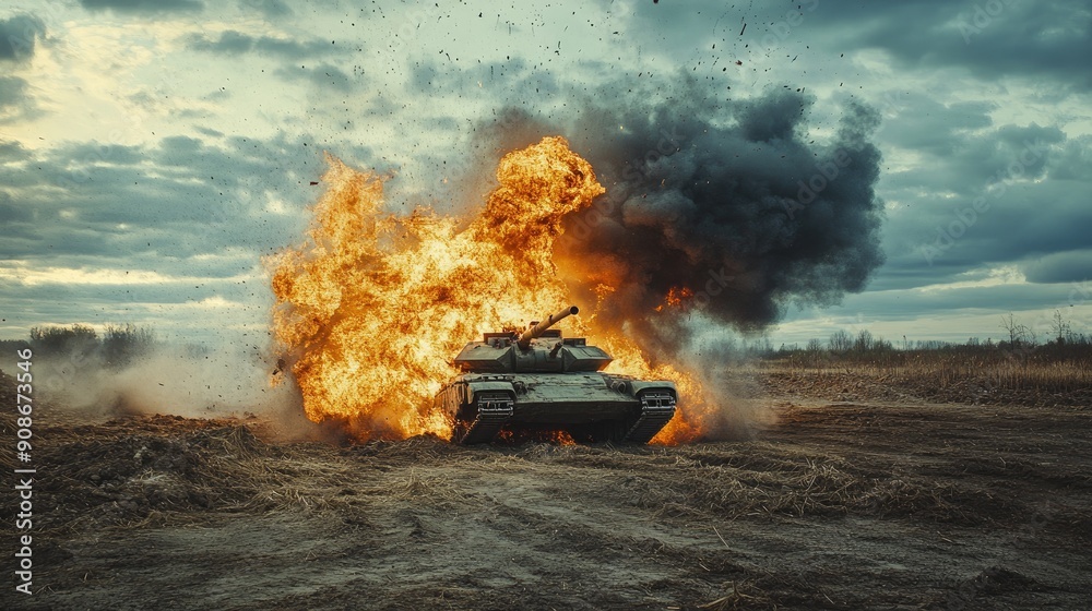 Exploded tank on fire, showing the aftermath of a mine detonation on ...