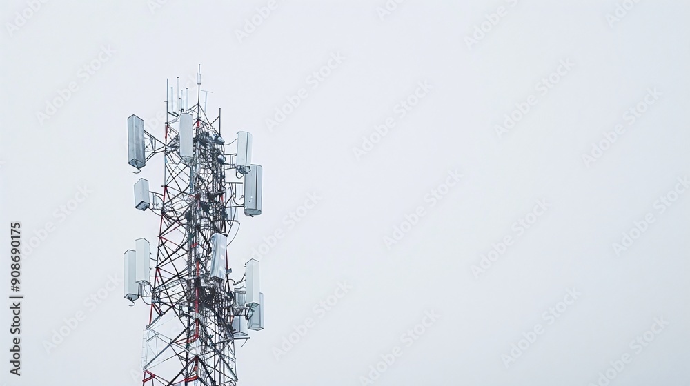 Sharp and detailed photo of a telecommunication tower with 5G antennas ...