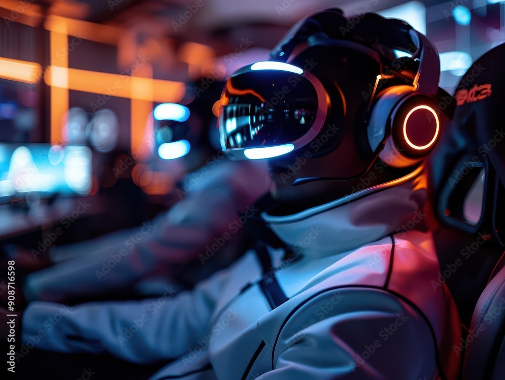 Total immersion in a virtual reality gaming setup, with players fully ...