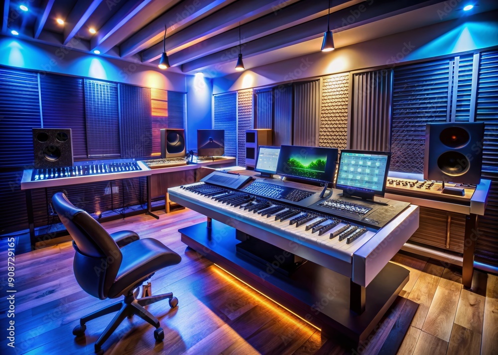Modern recording studio with sleek equipment, keyboards, and screens ...
