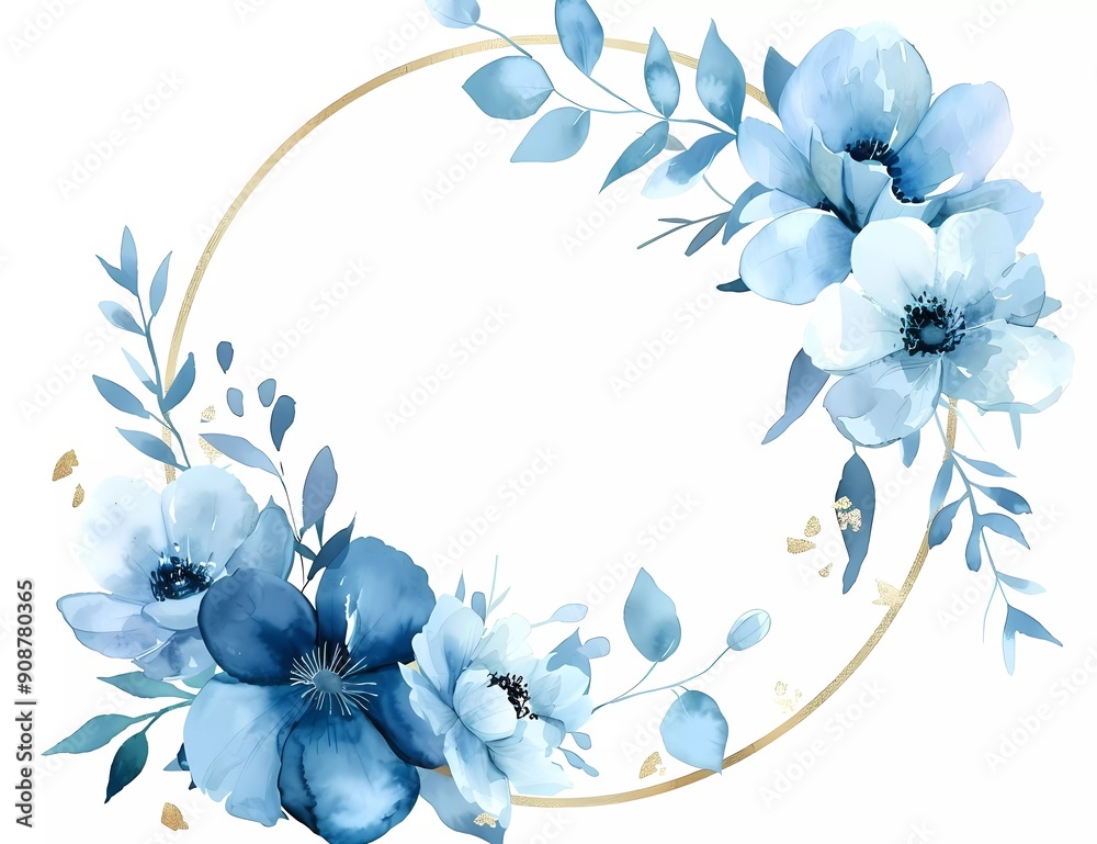Watercolor blue floral frame with a golden border, wedding invitation ...