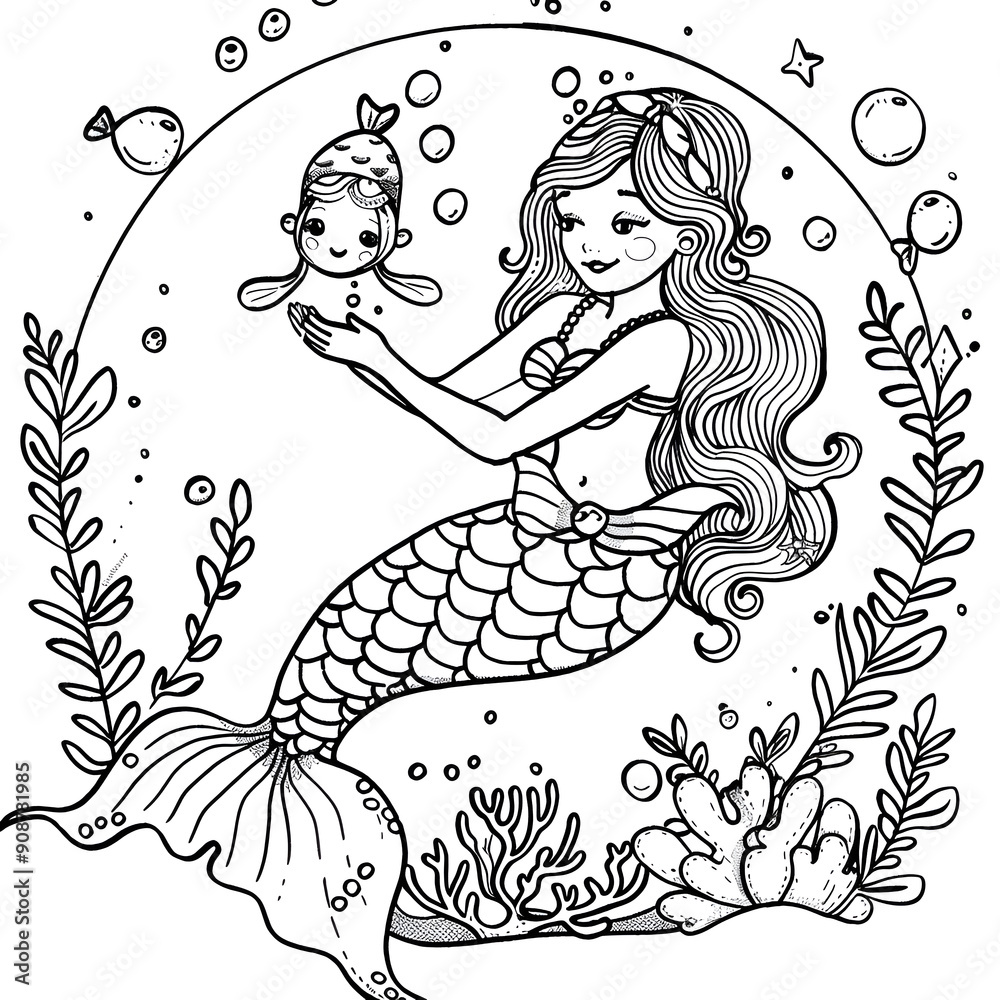 Delightful Mermaid Coloring Page Illustration for Kids with Detailed ...