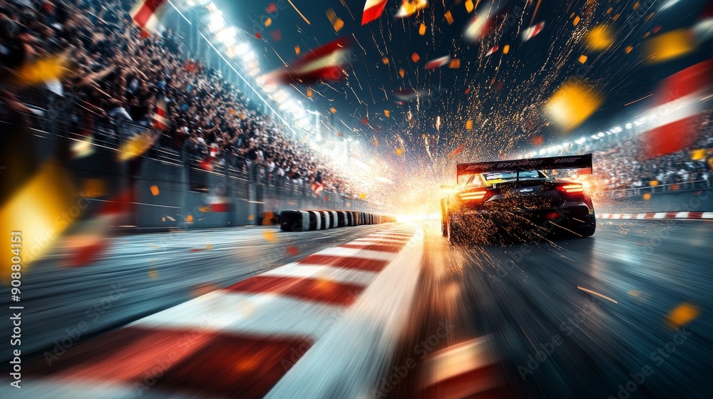 Victory Lap Under a Cascade of Celebration: A race car speeds towards ...