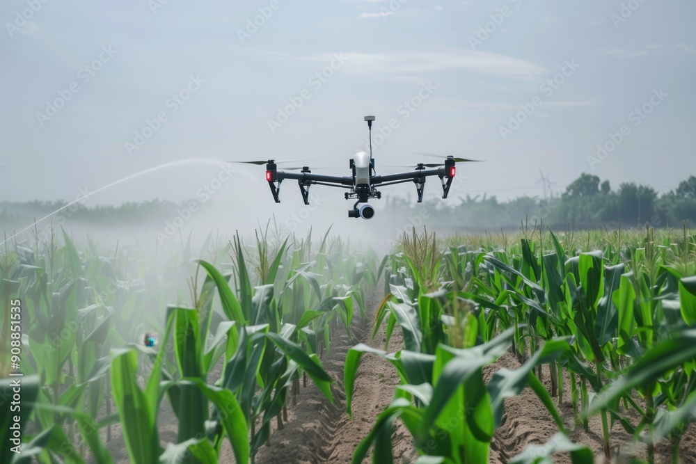 Farmer using drone to irrigate corn field from pests. Fusion of technology and traditional ...