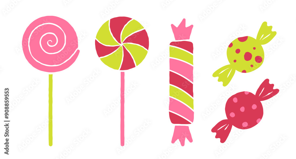 Set of colorful candies and lollipops. Hand-drawn vector illustration ...