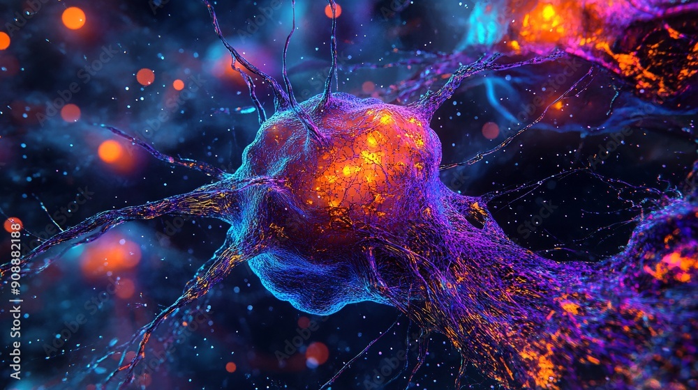 A captivating microscopic view of a neuron network displays the complex ...