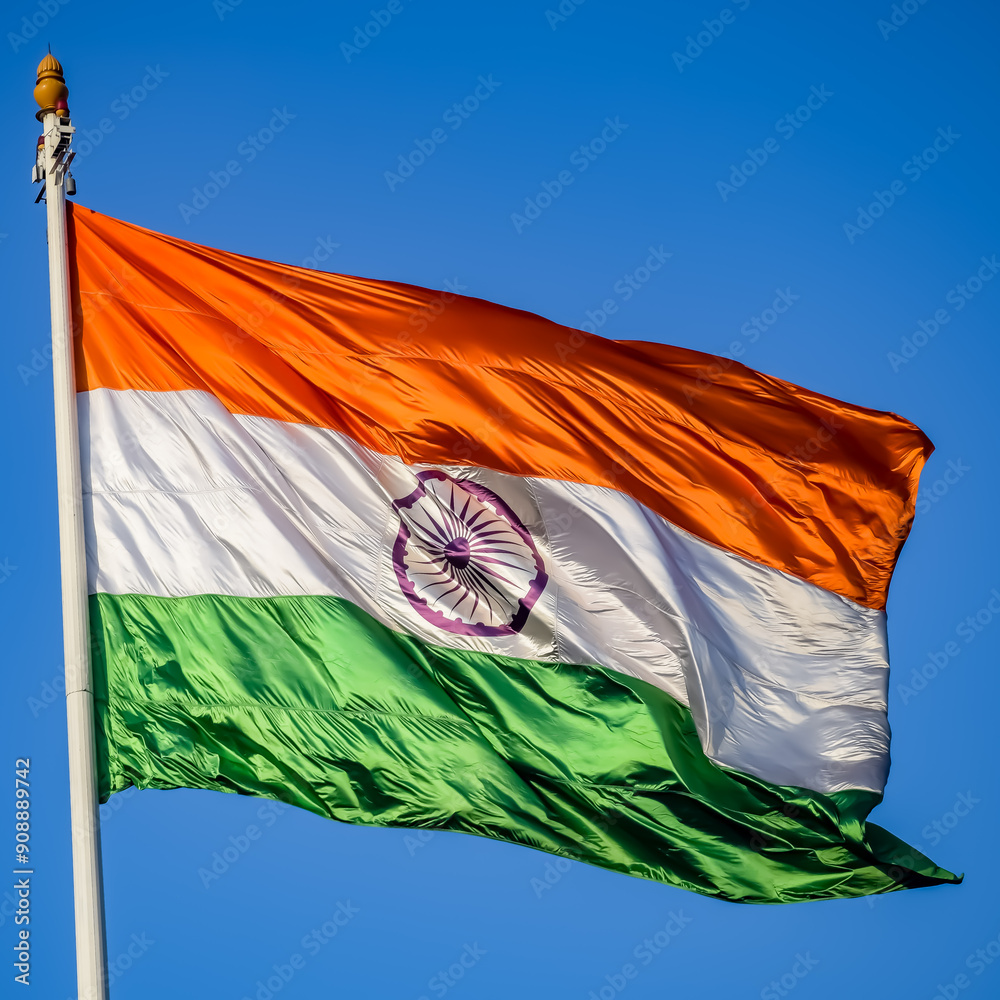 India flag flying high at Connaught Place with pride in blue sky, India ...