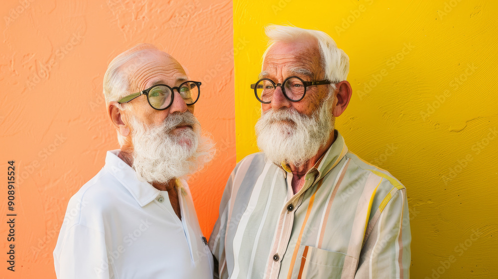 Two elderly men with white beards, sharing a candid moment, stand ...