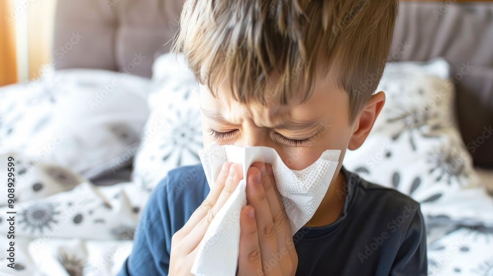 Young boy sneezing into a tissue with a plain white background ...