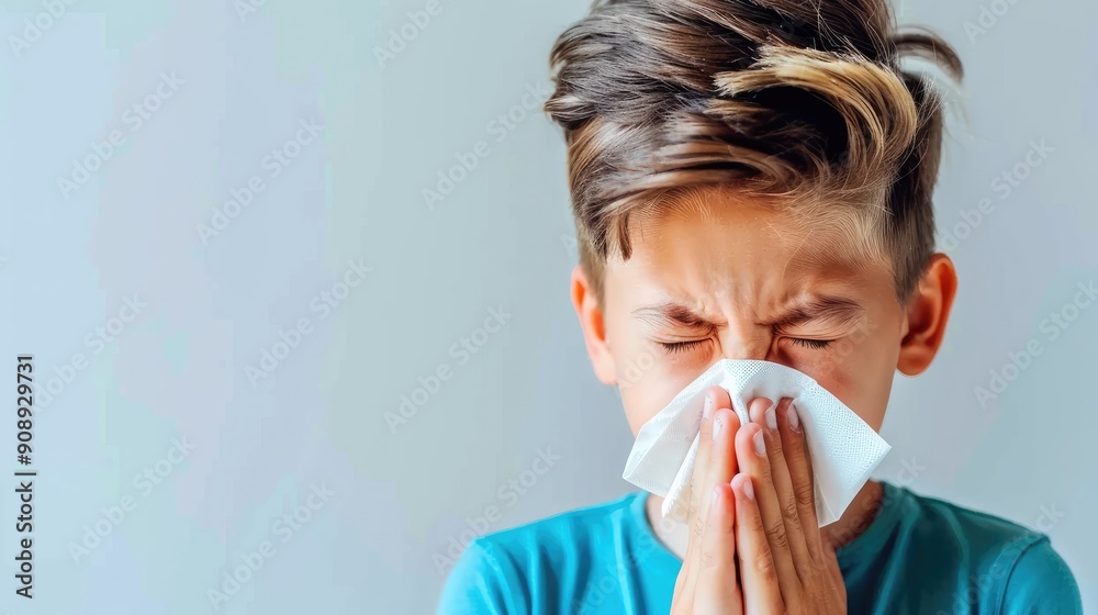 Young boy sneezing into a tissue with a plain white background ...
